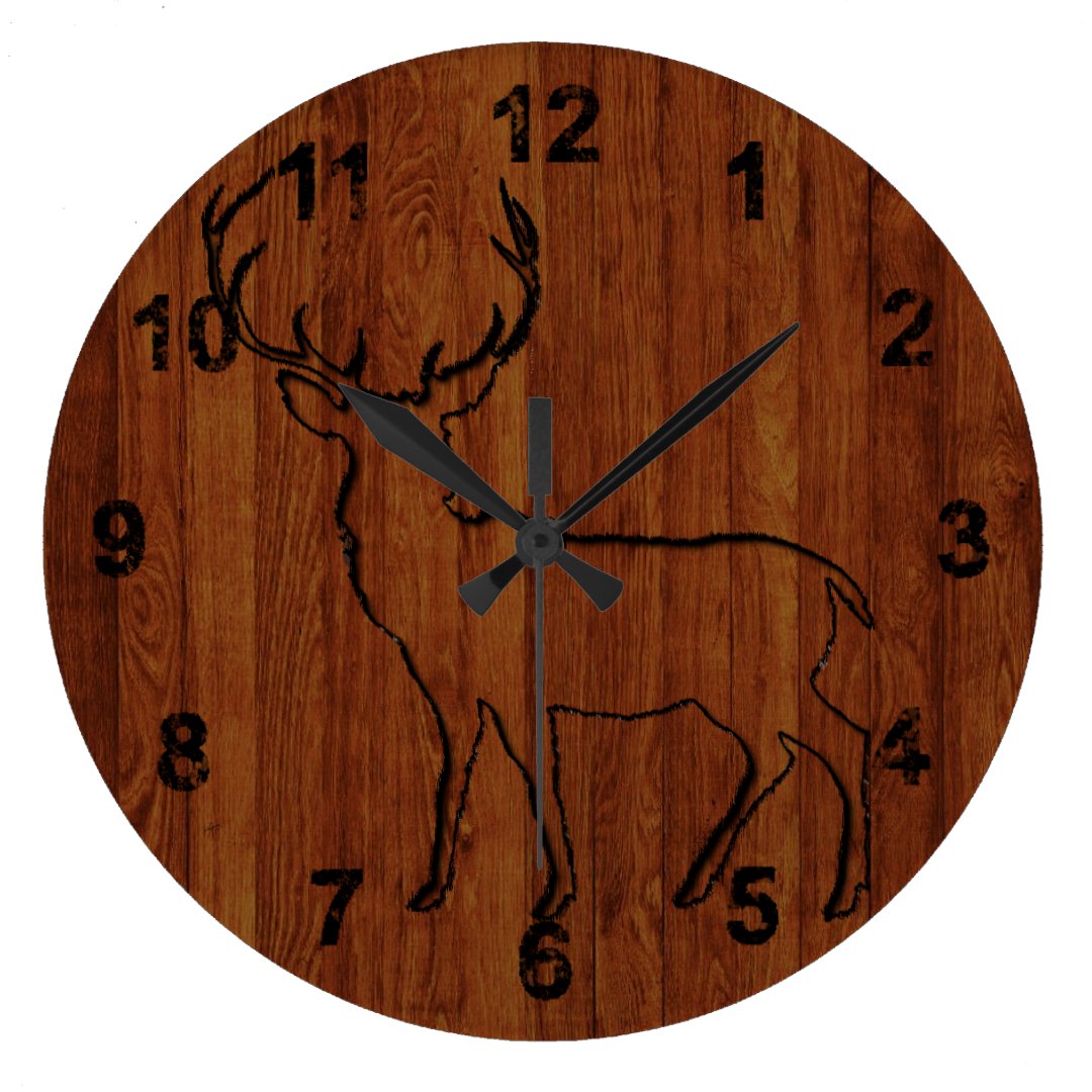 Deer Carved In Dark Wood Effect Large Clock | Zazzle