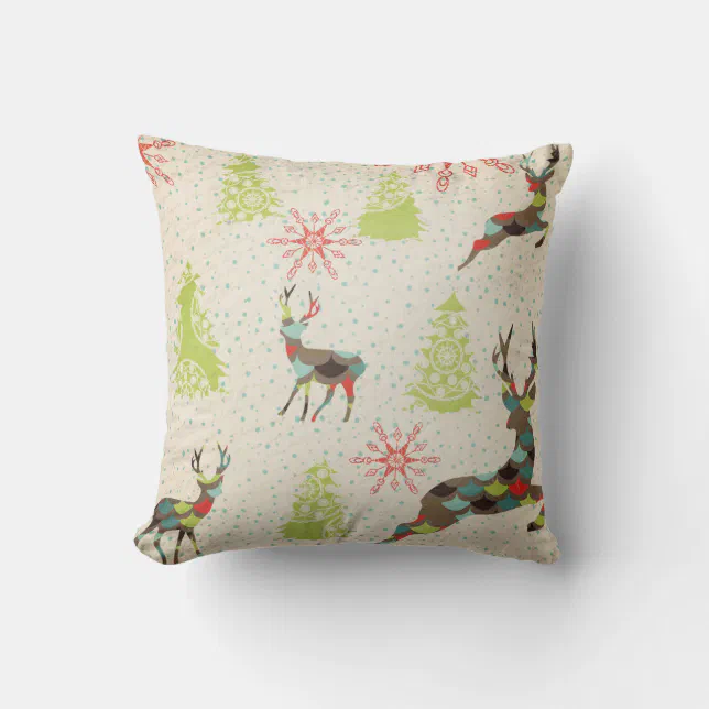 Deer, Evergreen Trees, and Snowflakes Throw Pillow | Zazzle