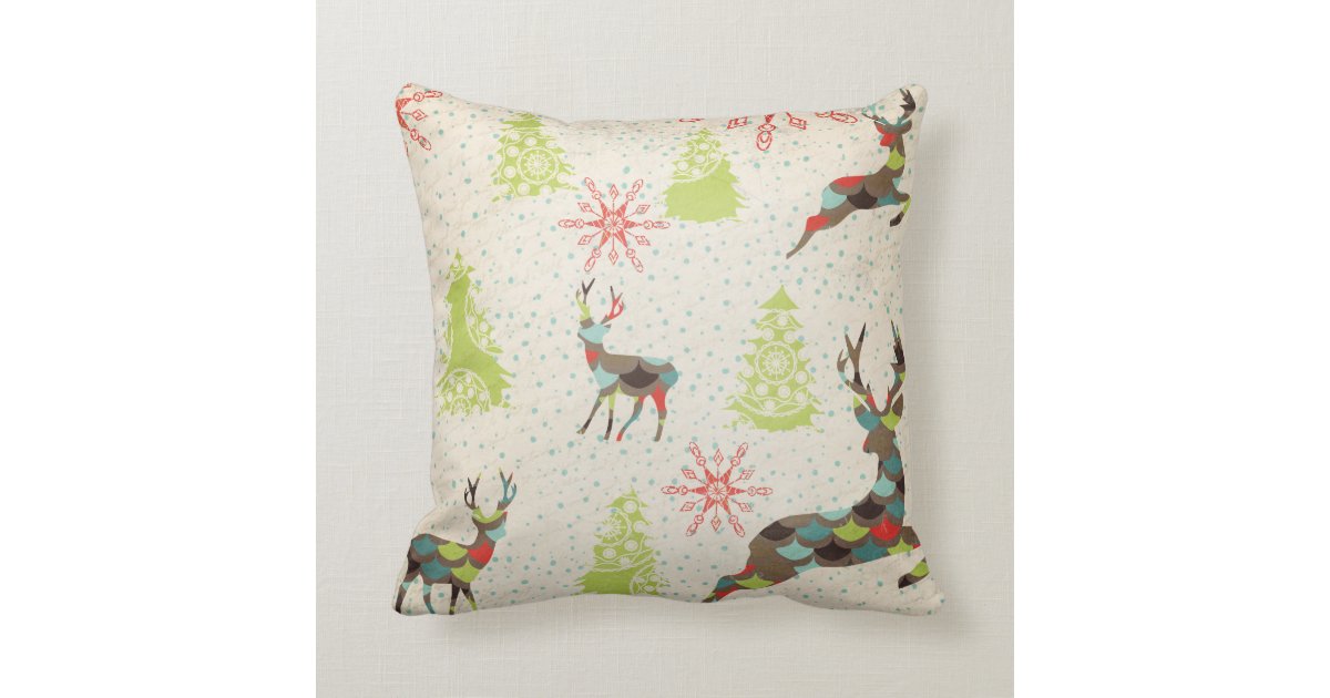 Deer, Evergreen Trees, and Snowflakes Throw Pillow | Zazzle.com