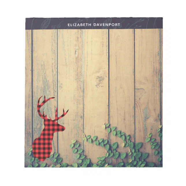 Deer Head with Antlers on Wood Planks with Leaves Notepad | Zazzle