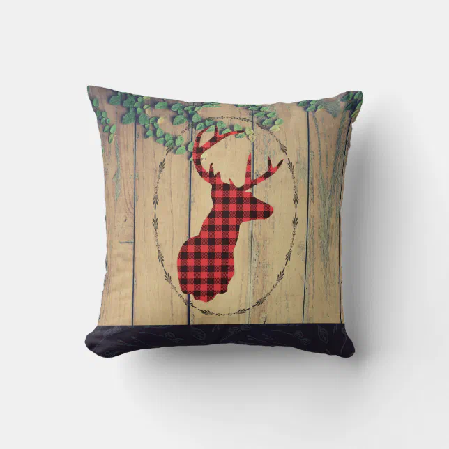 Deer head with Antlers - Red Plaid Rustic Throw Pillow | Zazzle