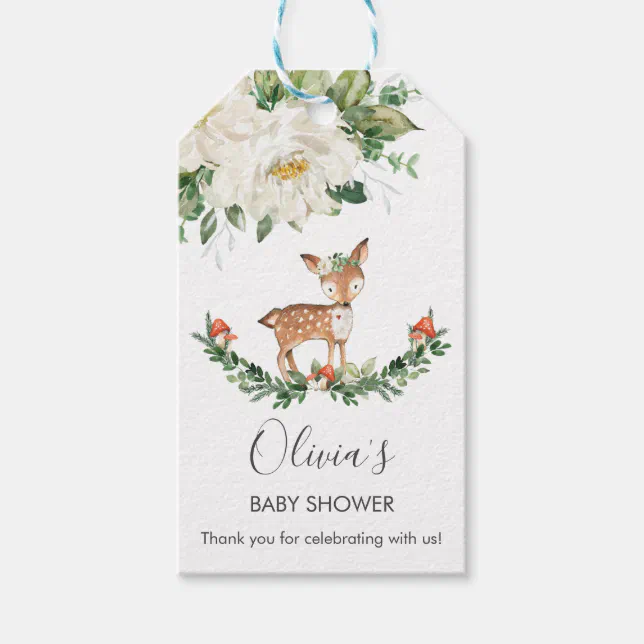 Deer Ivory White Floral Baby Shower Birthday Favor Gift Tags | Zazzle