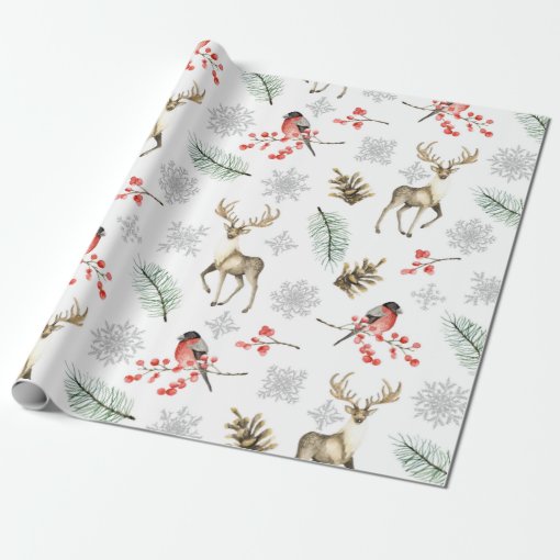 Deer Stag And Bird Woodland Themed Christmas Wrapping Paper | Zazzle