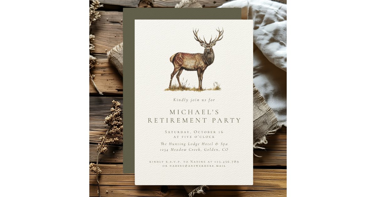 Deer Stag Hunting Retirement Elegant Rustic Party Invitation | Zazzle