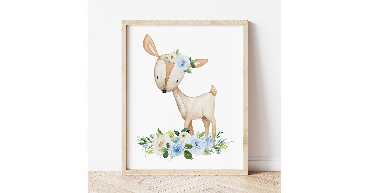 Deer, Woodland Animals, Boho, Blue Flowers Poster | Zazzle