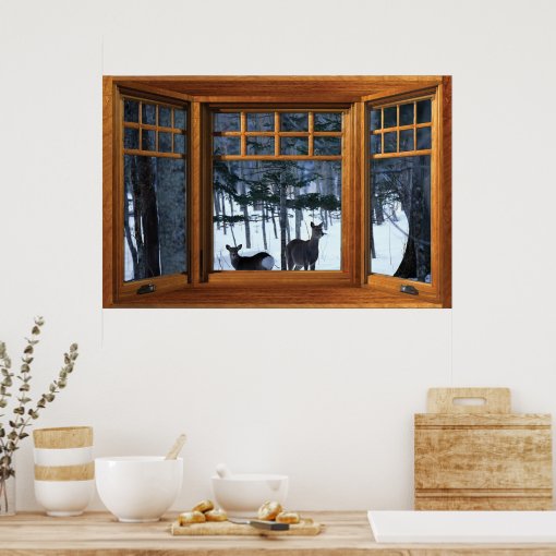 Deers in the Winter Woods View Fake Window Poster | Zazzle