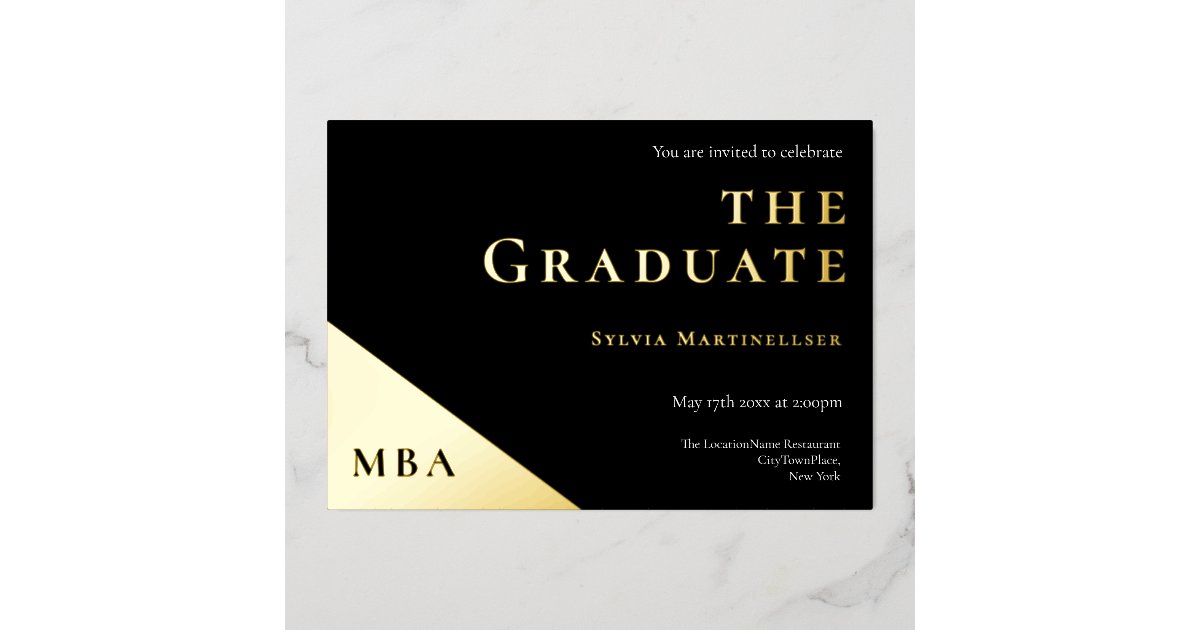 Degree Gold Black MBA Graduation Party Foil Invitation | Zazzle