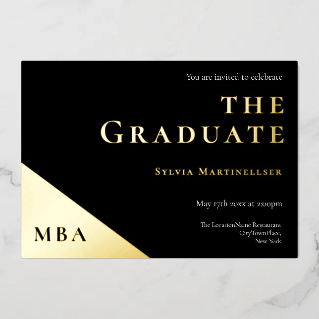 Degree Gold Black MBA Graduation Party Foil Invitation | Zazzle