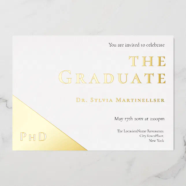 Degree Gold White PhD Graduation Party Foil Invitation | Zazzle