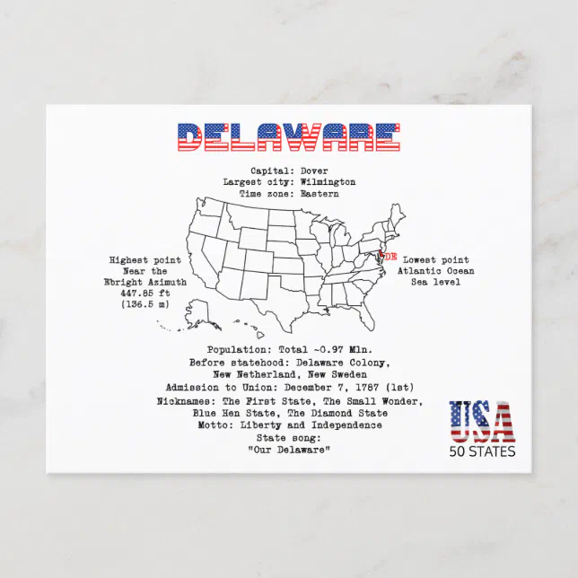 Delaware American state on a map and useful info Holiday Postcard | Zazzle