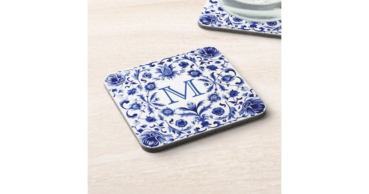 Delft blue design monogram beverage coaster | Zazzle