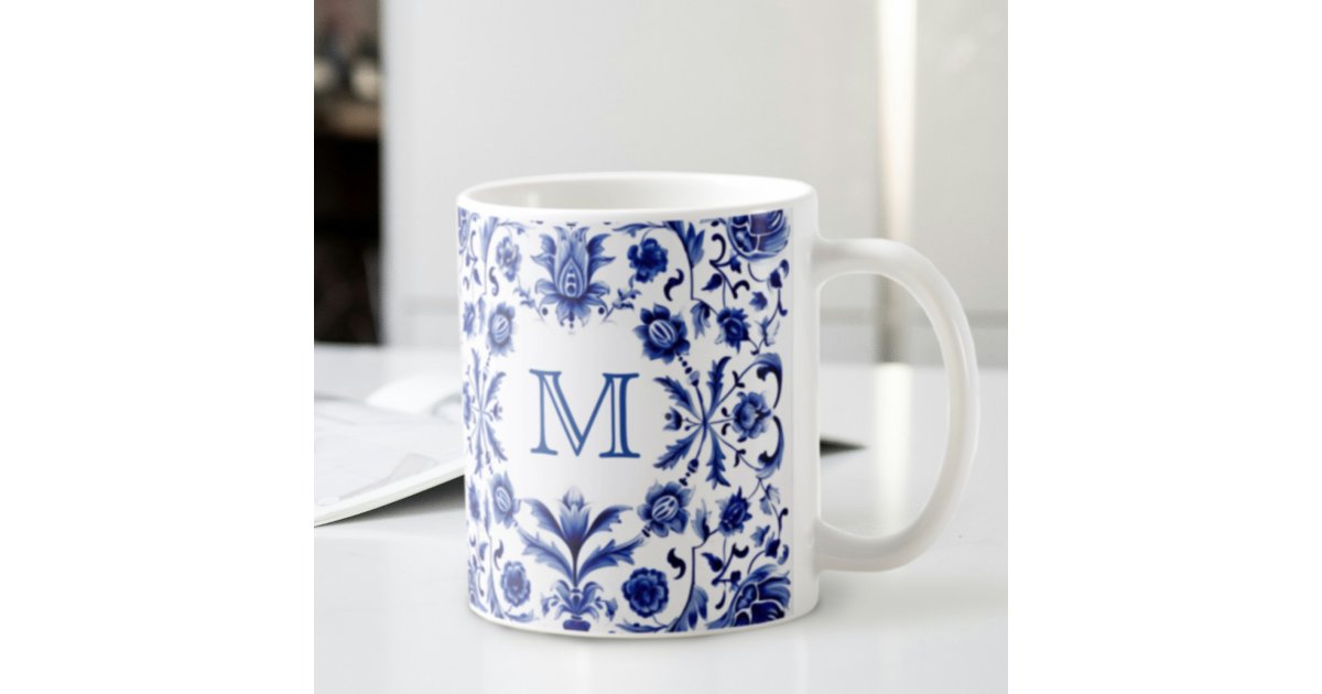 delft blue design monogram coffee mug | Zazzle