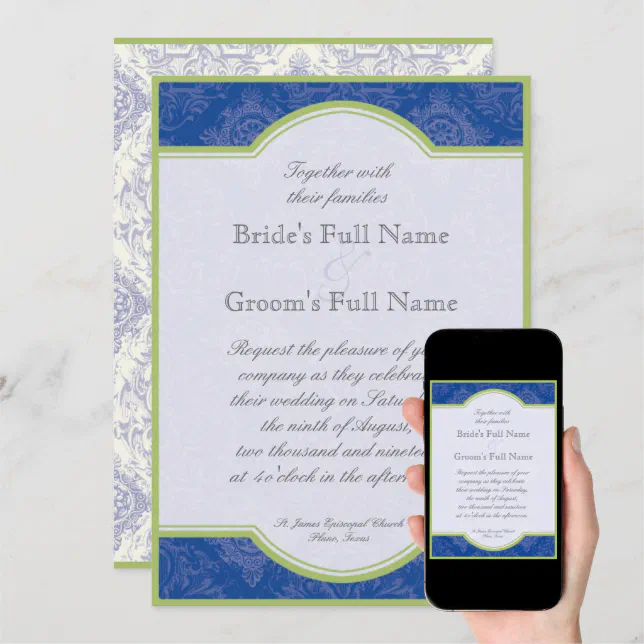 Delft Blue Green Toile Quatrefoil - Wedding Invitation | Zazzle