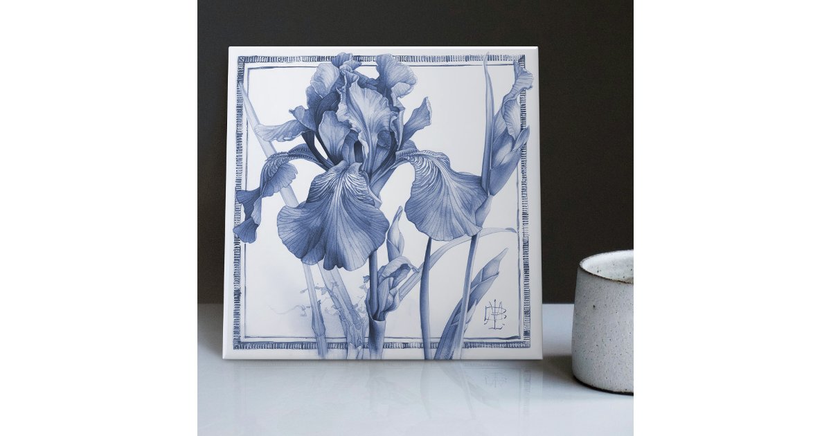 Delft Blue Iris Wall Decor Art Nouveau Watercolor Ceramic Tile | Zazzle