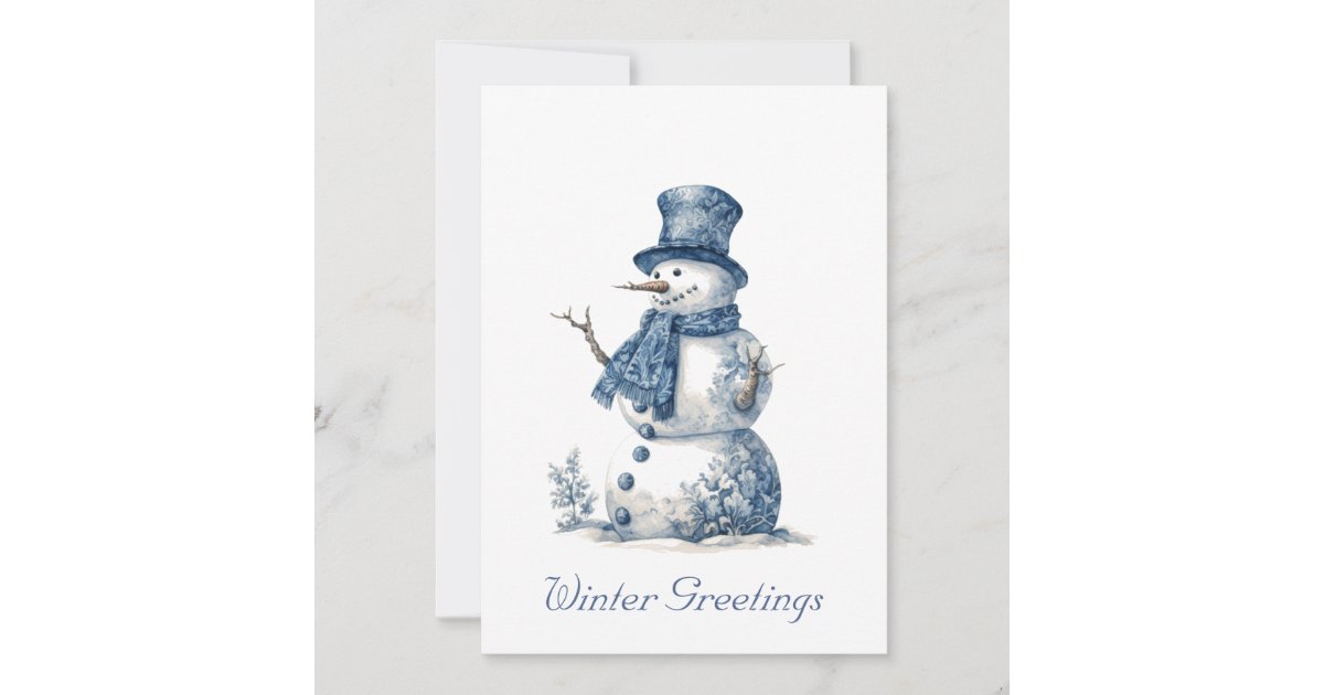 Delft Blue Watercolor Snowman Holiday Card | Zazzle
