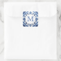 delft blue wedding monogram square sticker | Zazzle