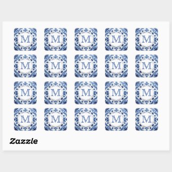 delft blue wedding monogram square sticker | Zazzle