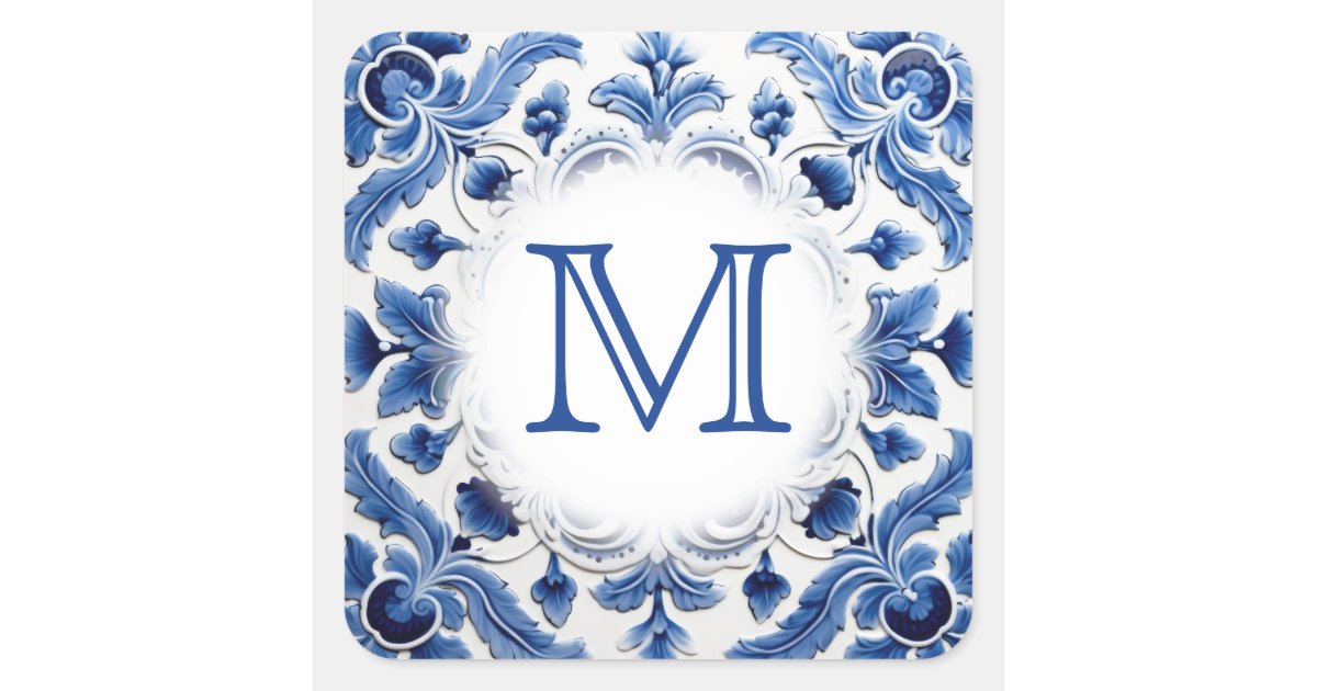 delft blue wedding monogram square sticker | Zazzle