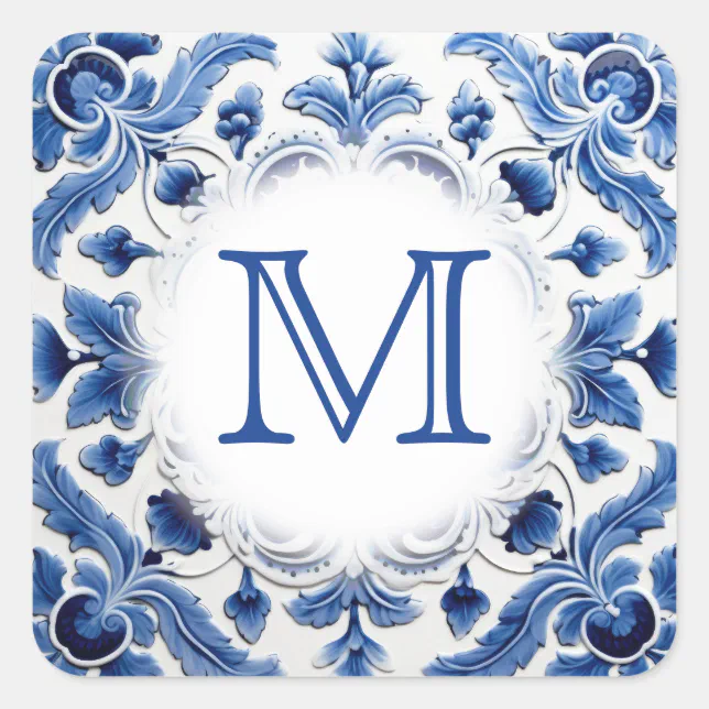 delft blue wedding monogram square sticker | Zazzle