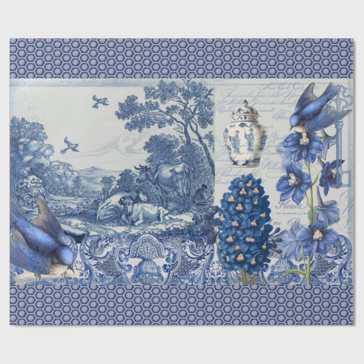Delft Blue White Flower Bird Collage Decoupage Wrapping Paper | Zazzle