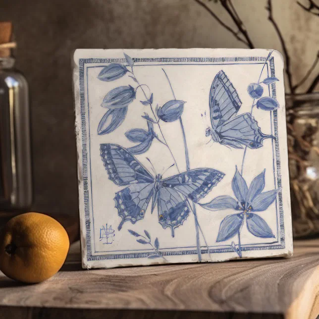 Delft Butterfly Floral Wall Decor Art Nouveau Trivet | Zazzle