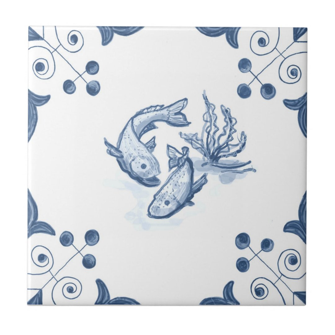 Delft Fish Tile with Scroll Corners | Zazzle