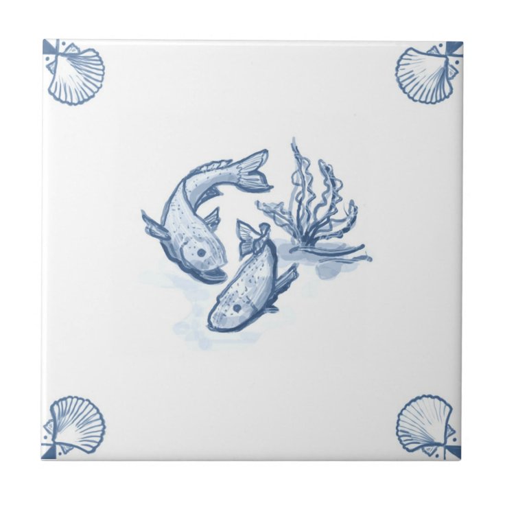 Delft Fish Tile with Shell Corners | Zazzle