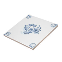 Delft Fish Tile with Shell Corners | Zazzle