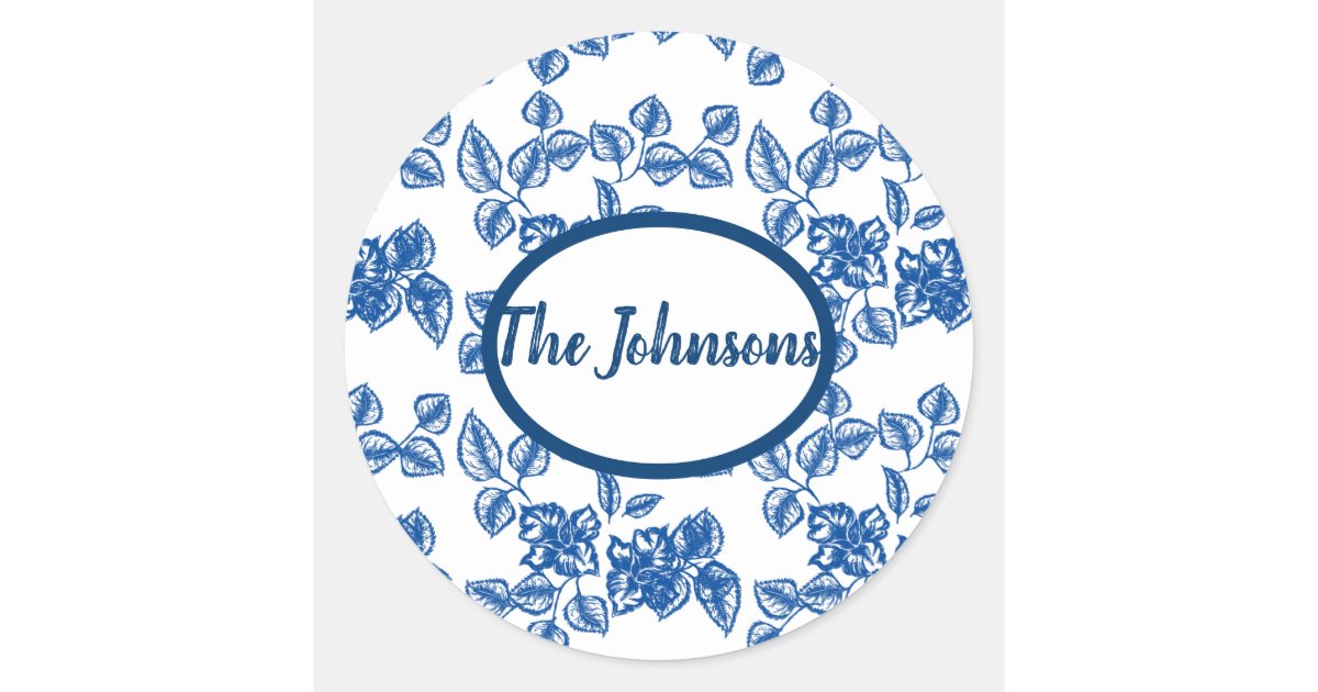 Delft-LIke Blue Floral Print Classic Round Sticker | Zazzle