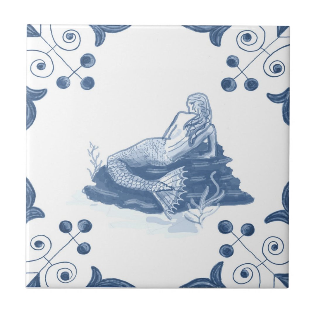 Delft Mermaid Tile with Scroll Corners | Zazzle