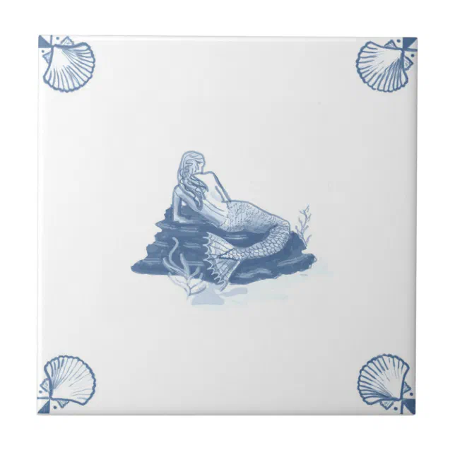 Delft Mermaid Tile with Shell Corners | Zazzle