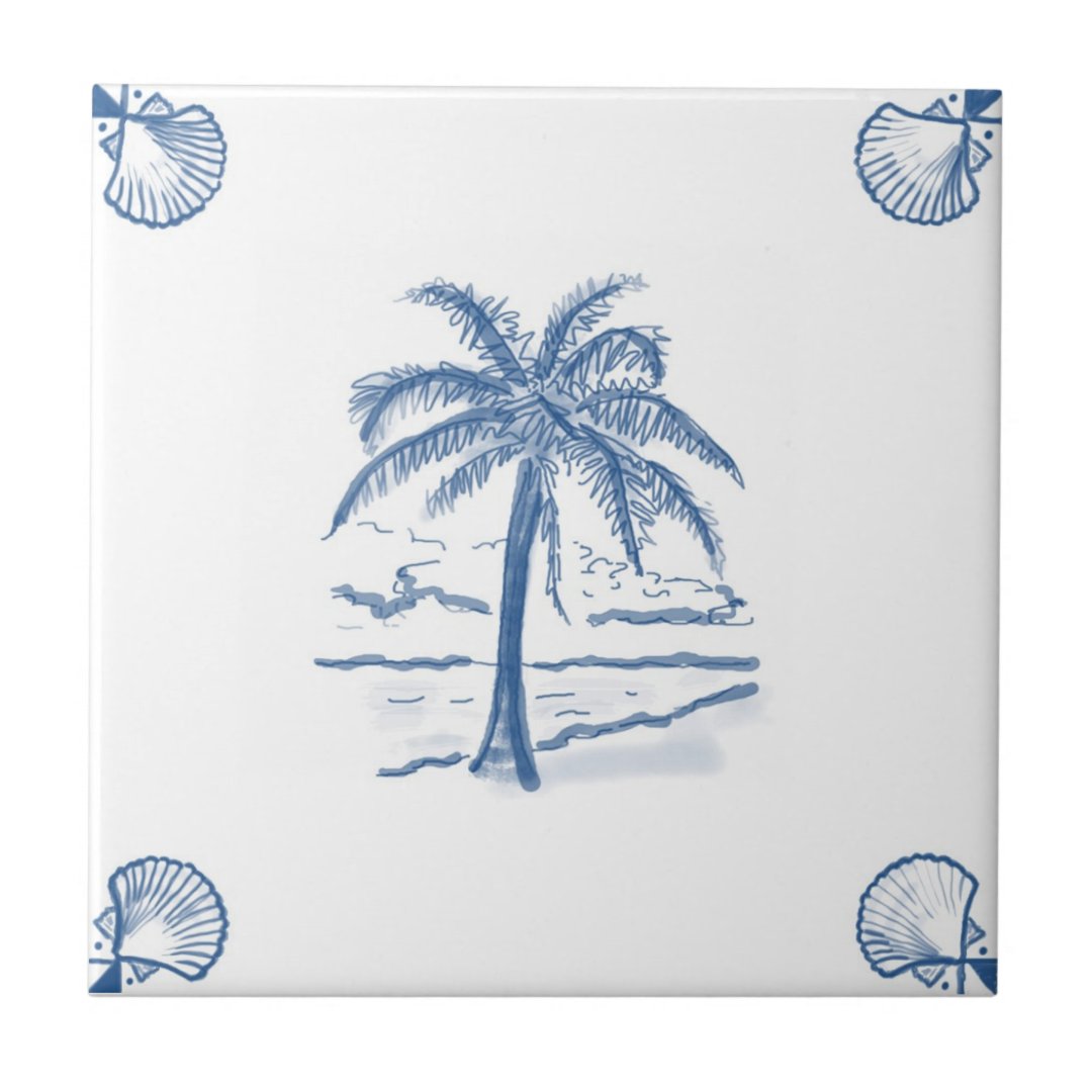 Delft Palm Tree Tile with Shell Corners | Zazzle