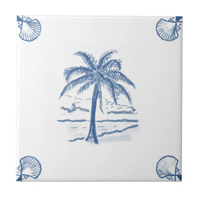 Delft Palm Tree Tile with Shell Corners | Zazzle