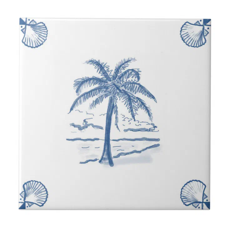 Delft Palm Tree Tile with Shell Corners | Zazzle
