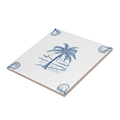 Delft Palm Tree Tile with Shell Corners | Zazzle