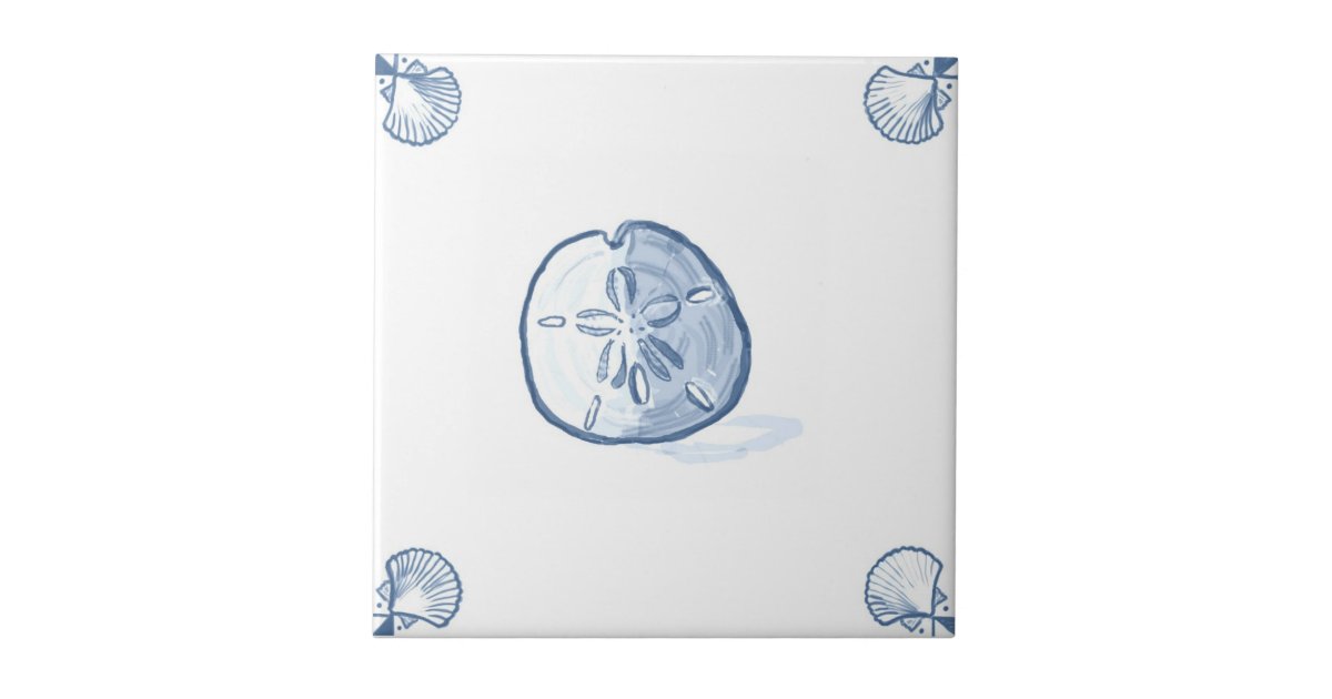 Delft Sand Dollar Tile with Shell Corners | Zazzle