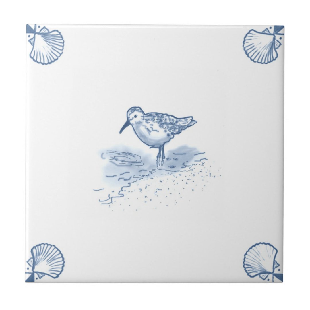 Delft Sandpiper Tile with Shell Corners | Zazzle