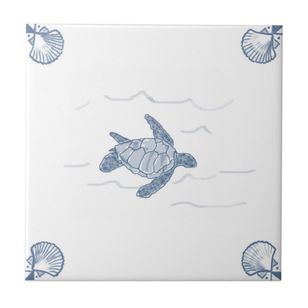 Delft Sea Turtle Tile with Shell Corners | Zazzle