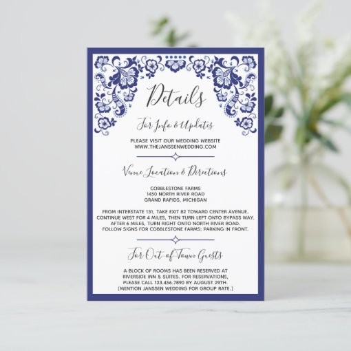Delfts Blauw | Delft Blue Dutch Wedding Details Invitation | Zazzle