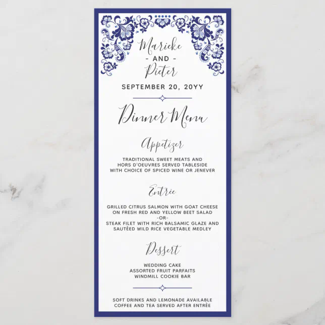 Delfts Blauw Delft Blue Dutch Wedding Dinner Menu | Zazzle