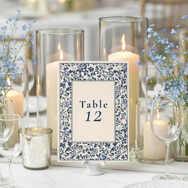 Delftware floral blue table seating chart card | Zazzle