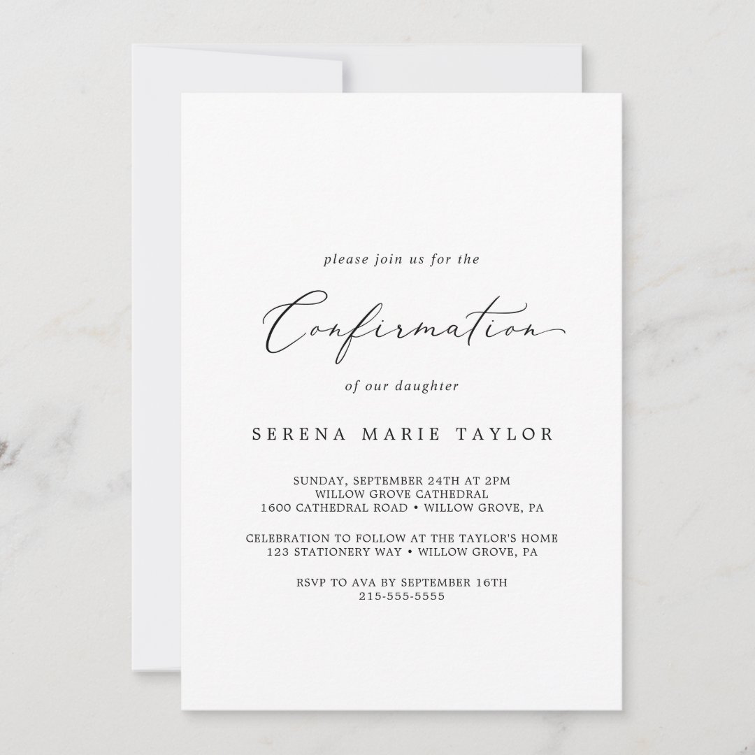 Delicate Black Calligraphy Confirmation Invitation | Zazzle