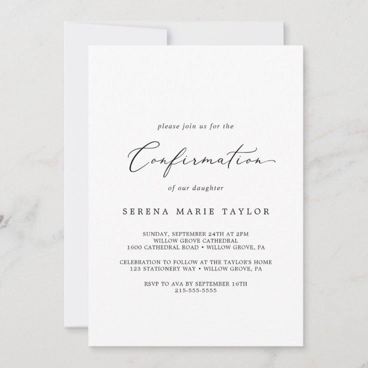 Delicate Black Calligraphy Confirmation Invitation | Zazzle