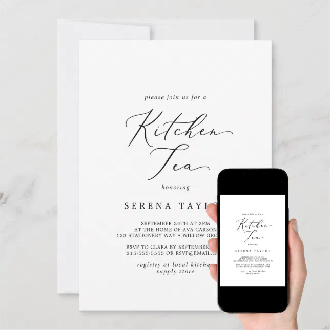 Delicate Black Calligraphy Kitchen Tea Invitation | Zazzle
