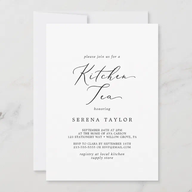 Delicate Black Calligraphy Kitchen Tea Invitation | Zazzle
