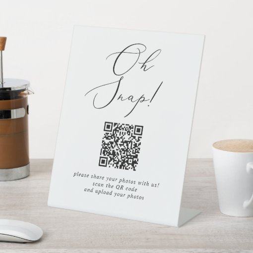 Delicate Black Calligraphy Oh Snap QR Code Wedding Pedestal Sign | Zazzle