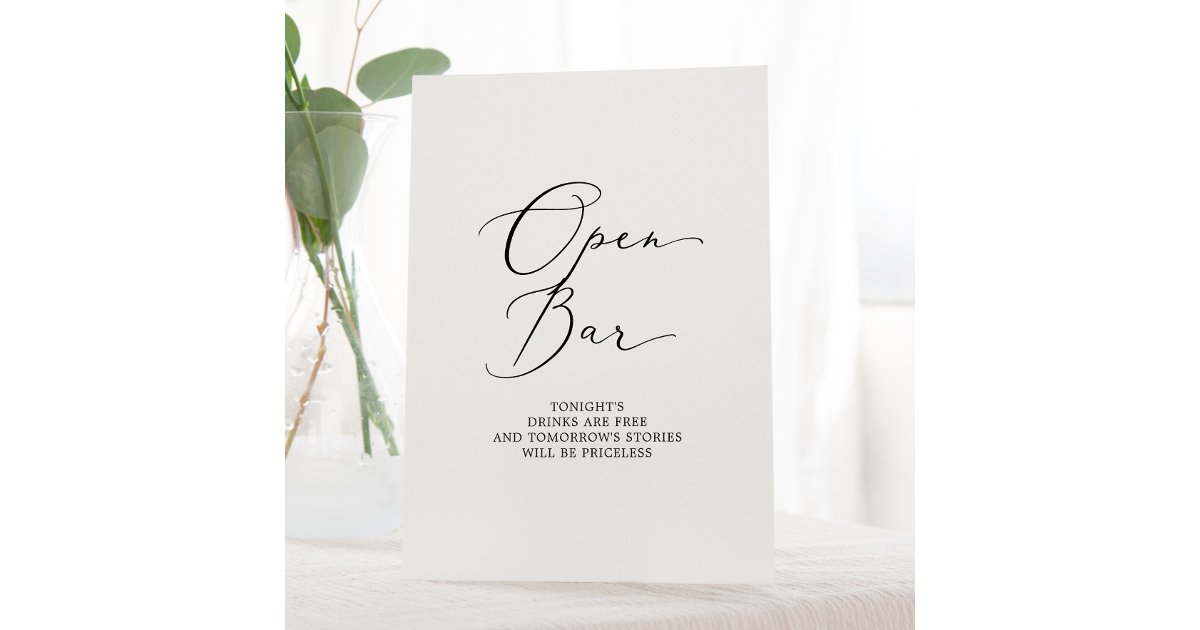 Delicate Black Calligraphy Open Bar Pedestal Sign | Zazzle