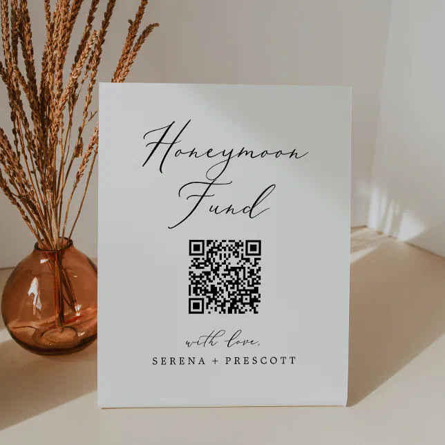 Delicate Black Calligraphy QR Code Honeymoon Fund Pedestal Sign | Zazzle