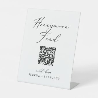 Delicate Black Calligraphy QR Code Honeymoon Fund Pedestal Sign | Zazzle