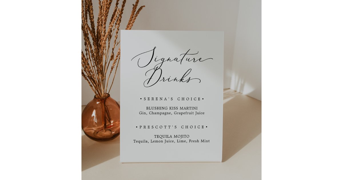 Delicate Black Calligraphy Signature Drinks Pedestal Sign | Zazzle